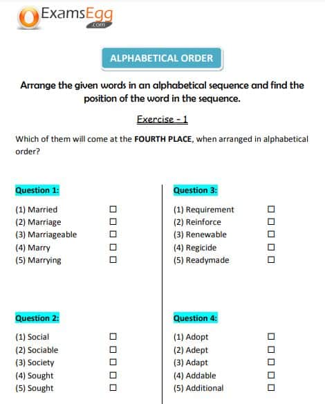 Alphabetical Order Worksheets with Answers - Examsegg MCQs