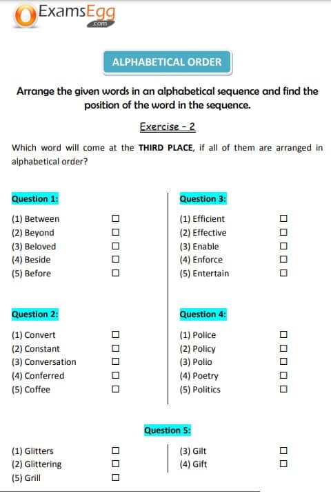 Alphabetical Order Worksheets with Answers - Examsegg MCQs